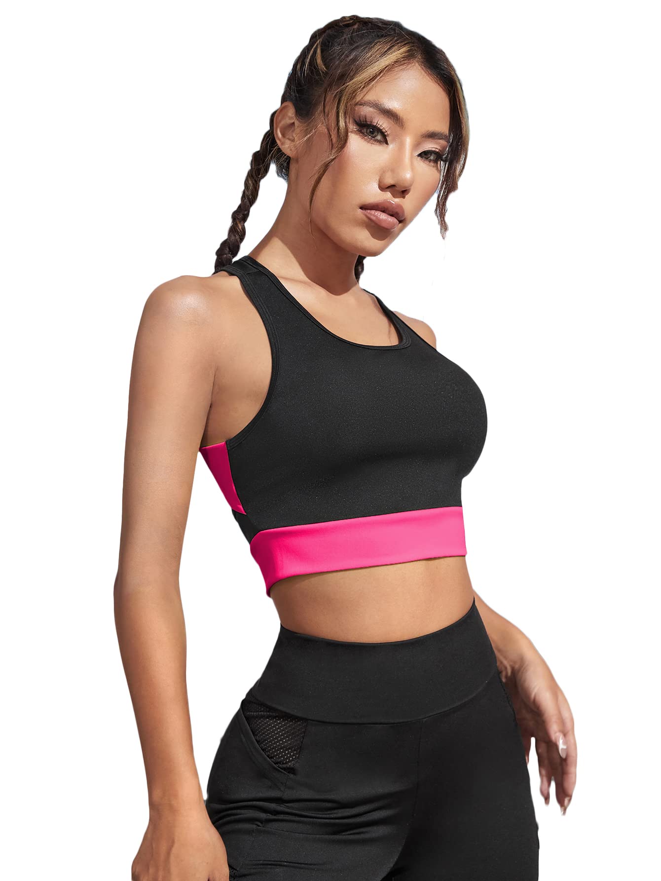 Verdusa Women's Color Block Cut Out Back High Support Workout Yoga Sport Bra Black Hot Pink S