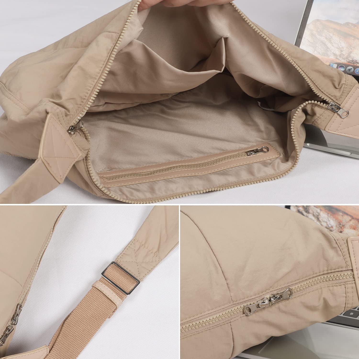 Yrarbil Large Nylon Crescent Crossbody Bag, Casual Hobo Bag Shoulder Bag for Women Men Adjustable Strap Shoulder Bag(Khaki)