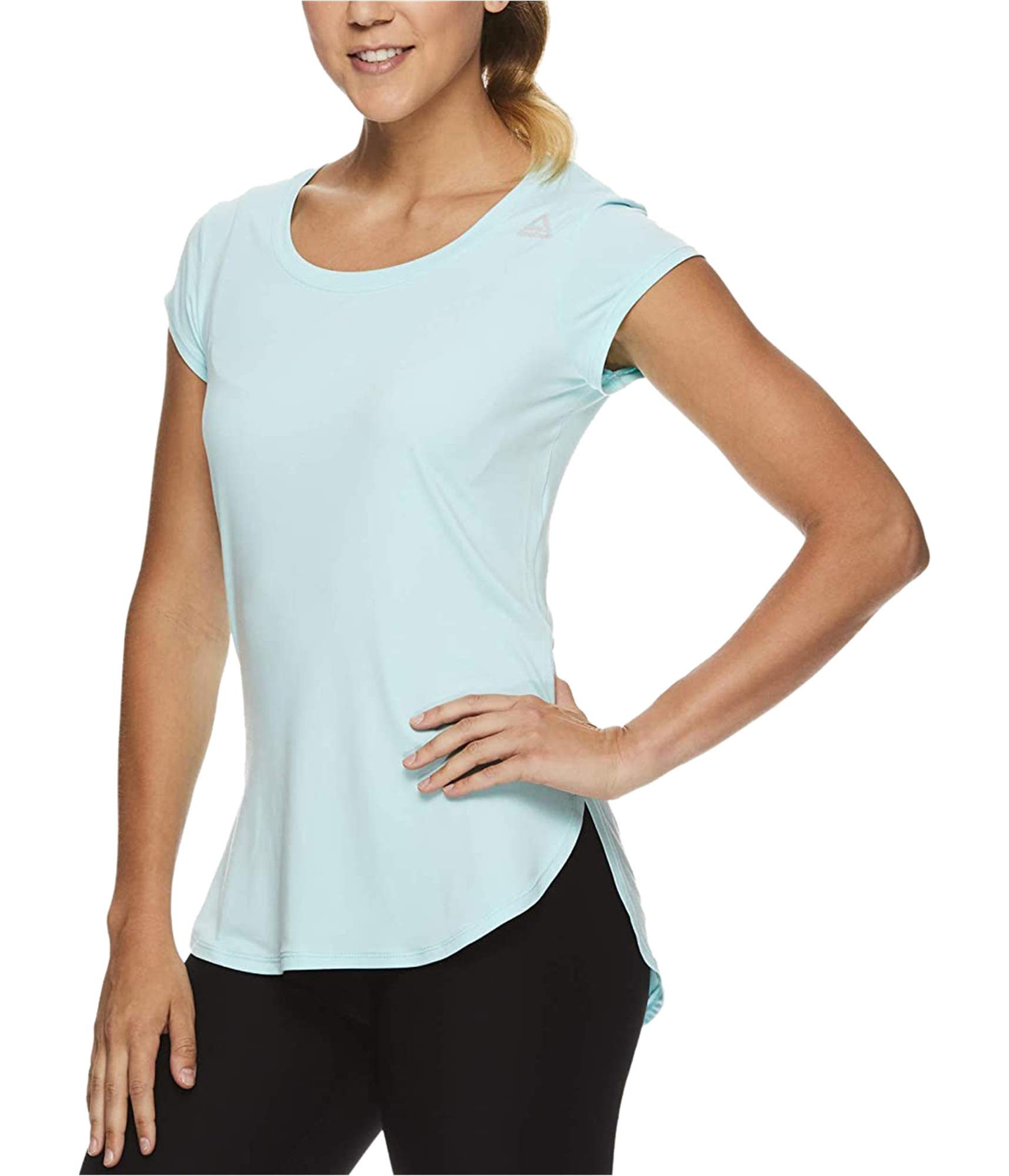 Reebok Womens Solid Hi Low Hemline Basic T-Shirt, Blue, Small