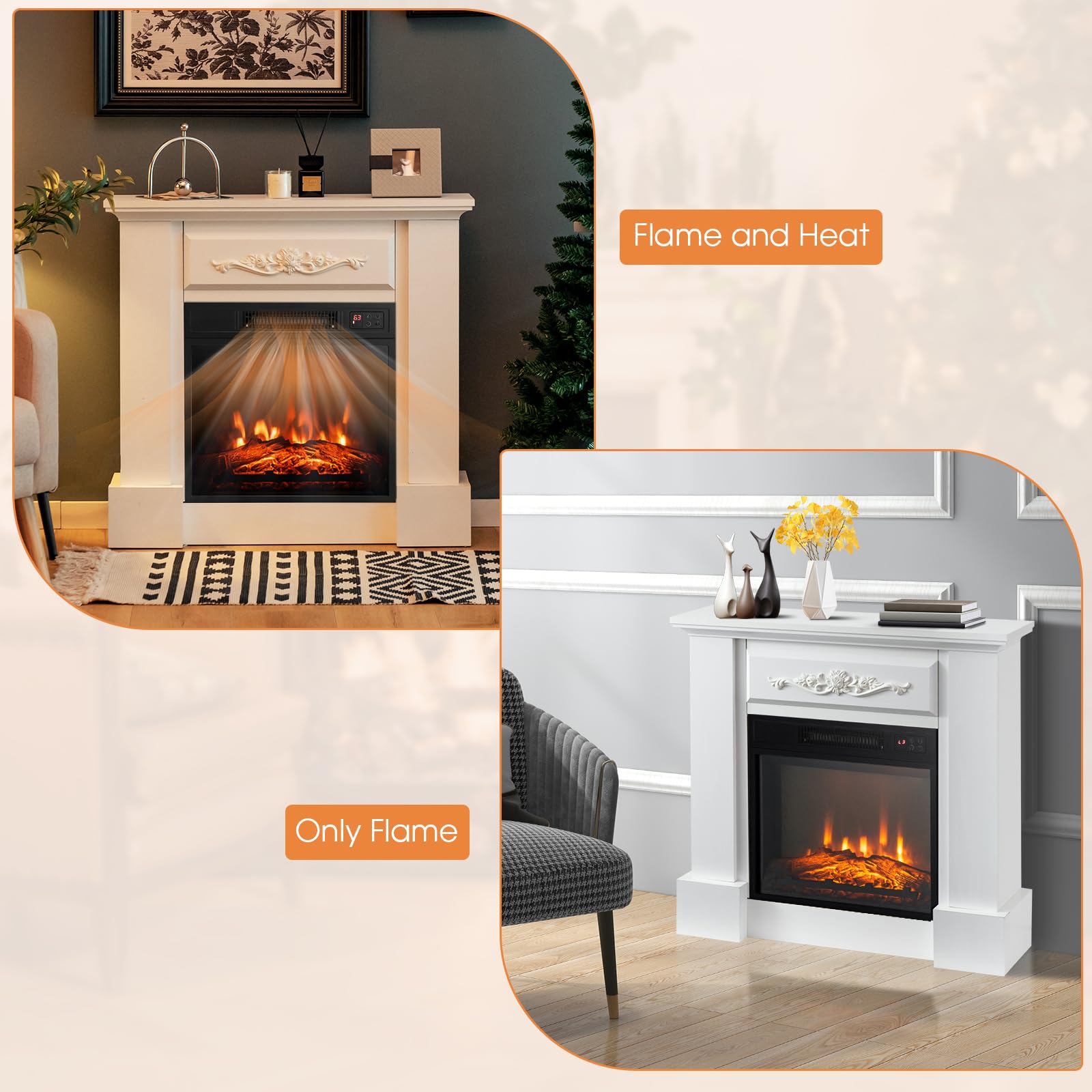 Tangkula 1400W 32 Inches Electric Fireplace with Mantel, Freestanding Fireplace Heater with 3D Flame Effect, Remote Control, Thermostat, 6H Timer, Overheat Protection (White)