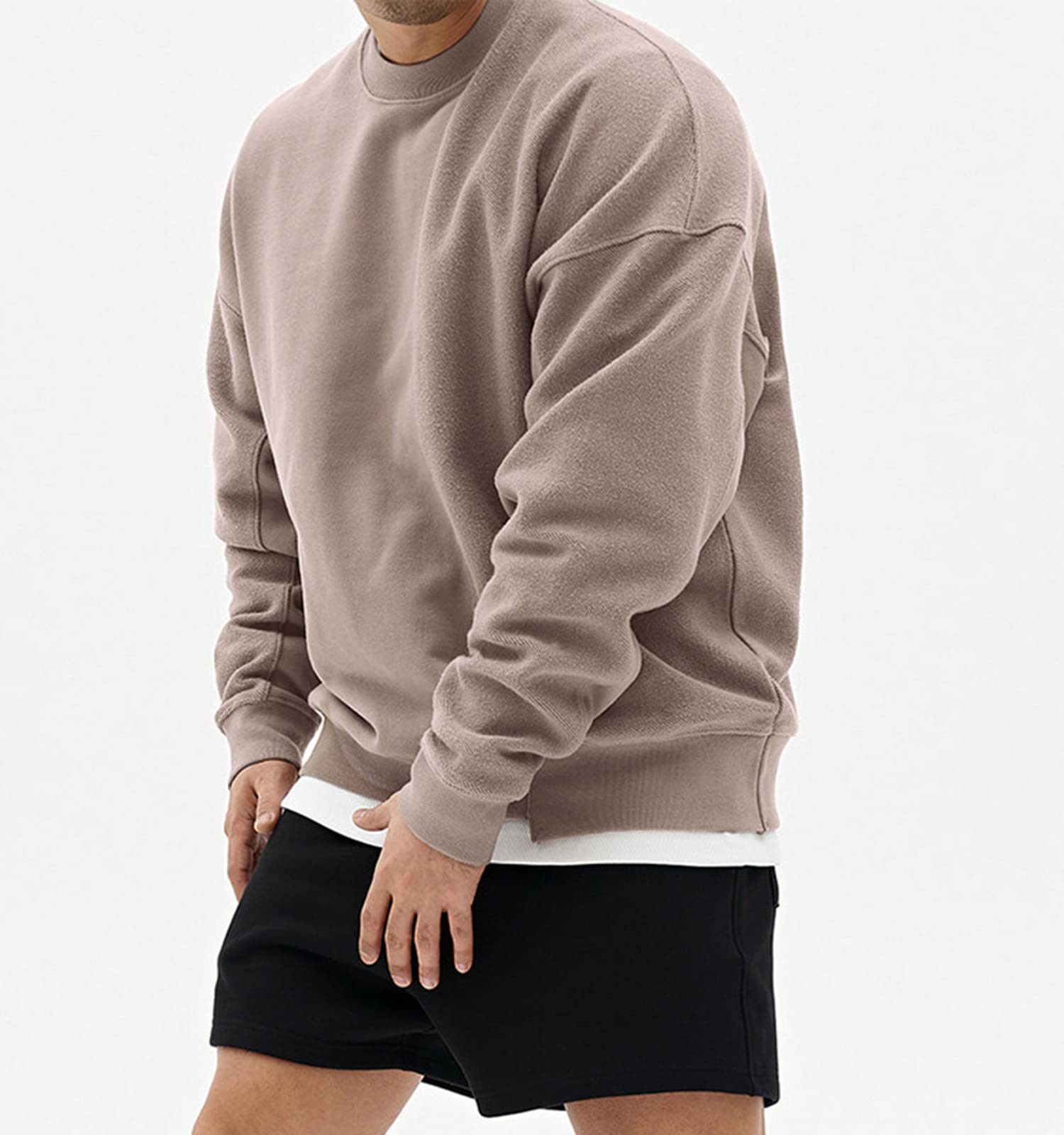 Surenow Mens Patchwork Crewneck Sweatshirt Long-Sleeve Lightweight Terry Sweatshirt Casual Workout Pullover Shirt Tops Khaki