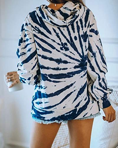 REVETRO Womens Tie Dye Sweatshirt Hooded Pocket Pullover Hoodies Long Sleeve Tunic Tops Navy Blue Large