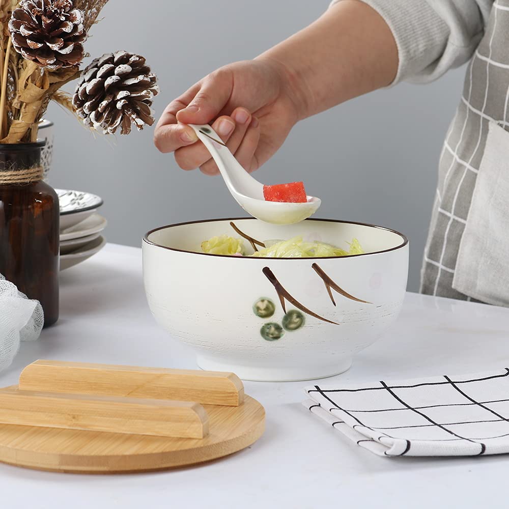 Yeking Japanese Vintage Noodle Bowl with Lid Spoon Black Ceramic Ramen Bowl Hand Drawn Rice Bowl Retro Tableware Noodle Bowl 6.5 inch, A