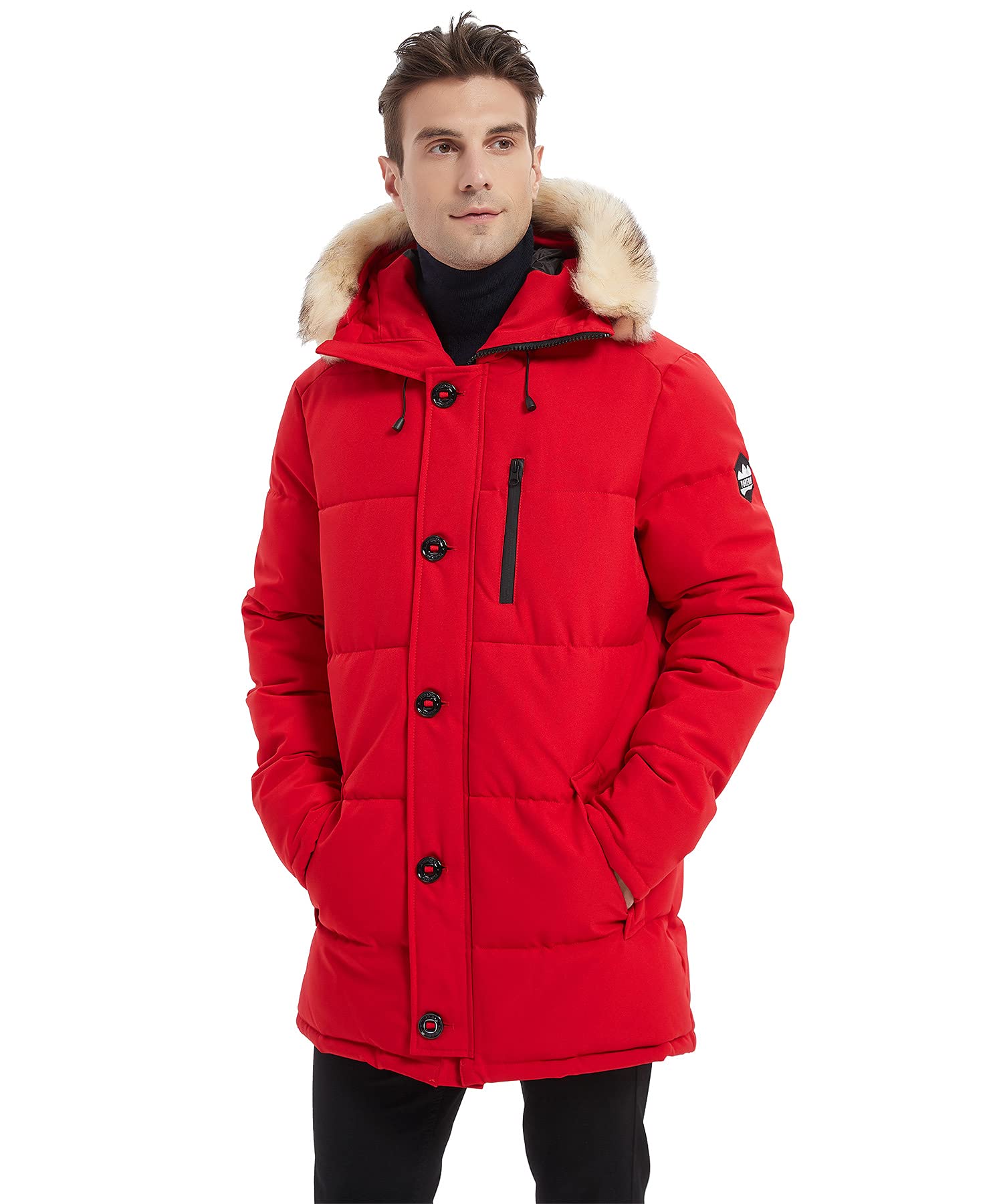PUREMSX Winter Coats for Men, Padded Insulated Quilted Outwear Long Puffer Warm Skiing Hiking Snow Coats,Red,X-Large