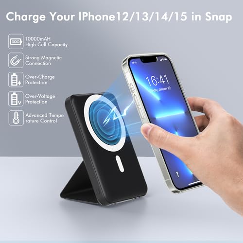 podoru Magnetic Power Bank, Foldable 10000mAh Wireless Magnetic Portable Charger with USB-C Cable LED Display 22.5W PD Fast Charging Magnetic Battery Pack for iPhone 15/14/13/12/Mini/Pro Max-Black