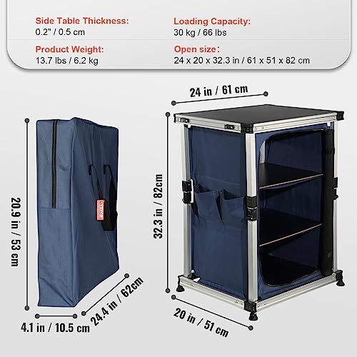 VEVOR Camping Kitchen Table Storage, Outdoor Pop-up Aluminum Portable Folding Cook Station with 3-Tier Organizer, Side Pocket & Carrying Bag, Quick Set-up for BBQ Party Backyard RV Traveling, Blue