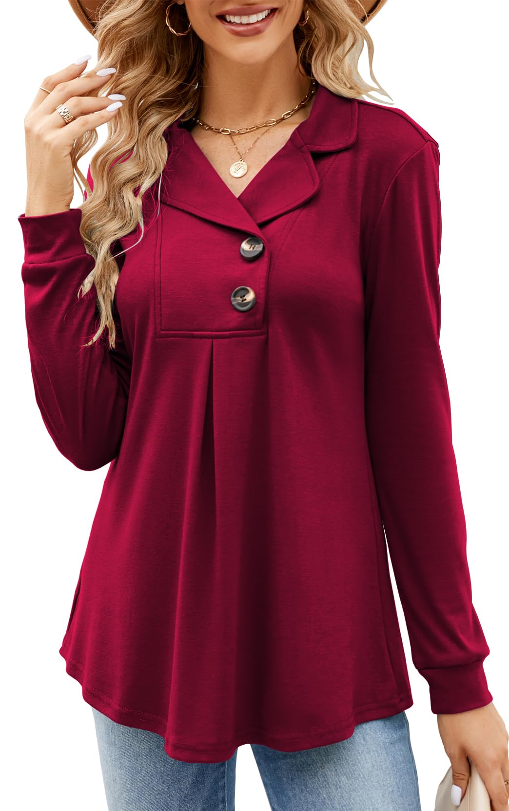 Newchoice Women Fall Long Sleeve Shirts Tops,Casual Winter Clothing Collar V Neck Tunics Or Tops To Wear With Leggings(Berry Red.M)