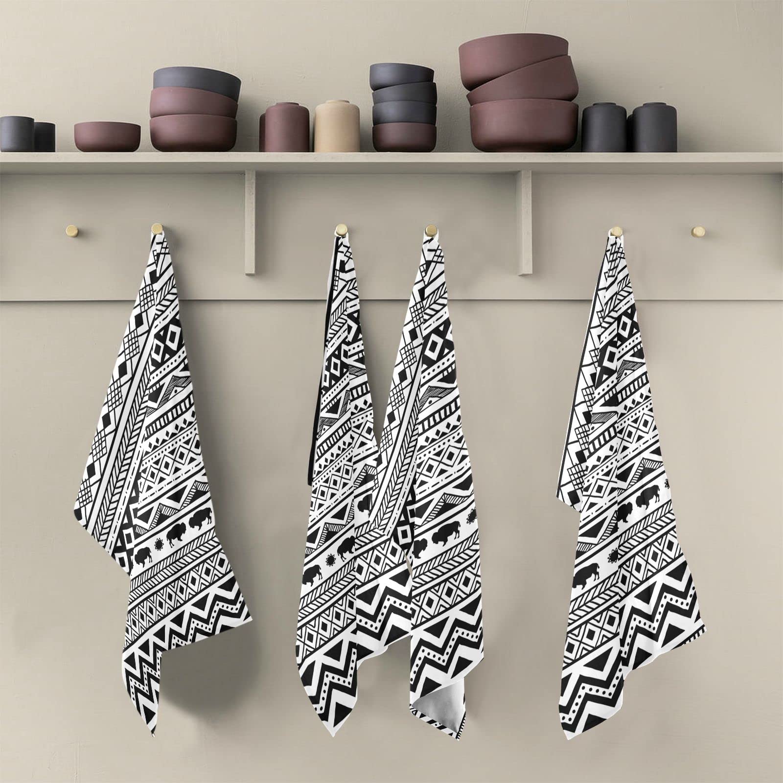 susiyo Aztec Tribal Black and White Kitchen Dish Towel, Set of 4 Pcs Soft Polyester Dish Cloth for Cooking Washing, 28 X 18 Inch