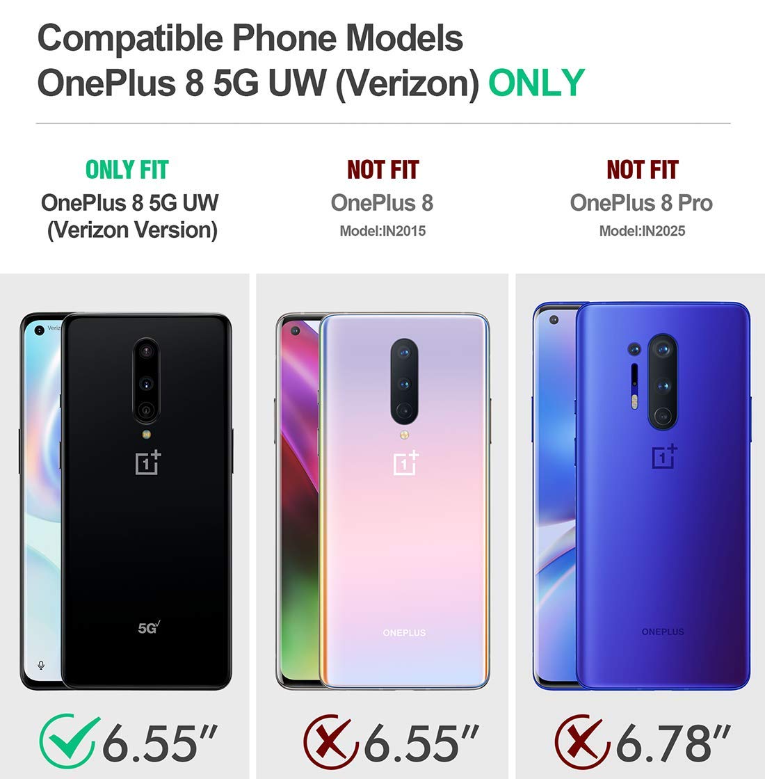 Poetic Revolution Series Designed Case for OnePlus 8 5G UW (Verizon Version), Full-Body Rugged Dual-Layer Shockproof Protective Cover with Kickstand and Built-in-Screen Protector, Black