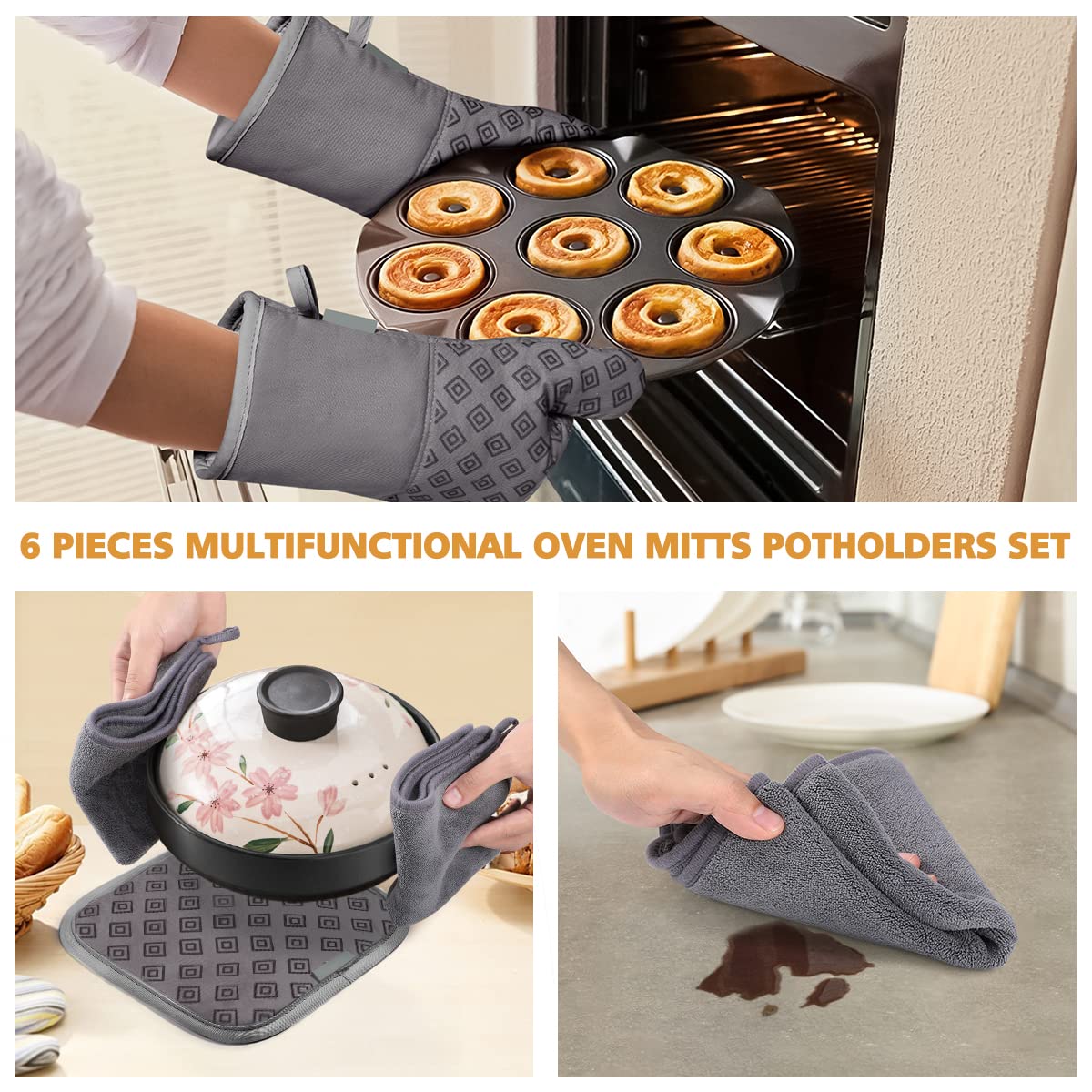 Oven Mitts and Pot Holders Kitchen: 500° Oven Gloves Silicone Ovenmitts Hotpads Set - Quilted Long Kitchen Mittens Potholders Washable Mits Hot Pads Flexibility for Baking