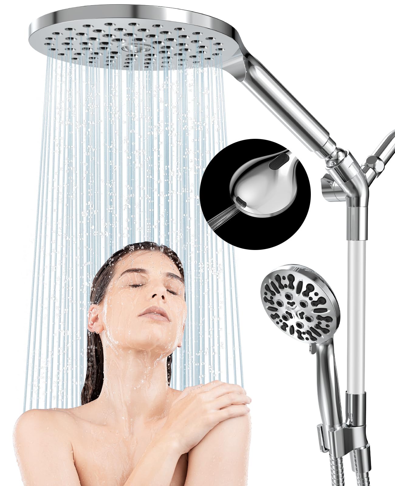 Rain Shower Head with Handheld Spray, MakeFit High Pressure Rainfall Shower Head & 9 Modes Handheld Showerhead Power Wash, 2-IN-1 Dual Shower System with Stainless Steel Hose