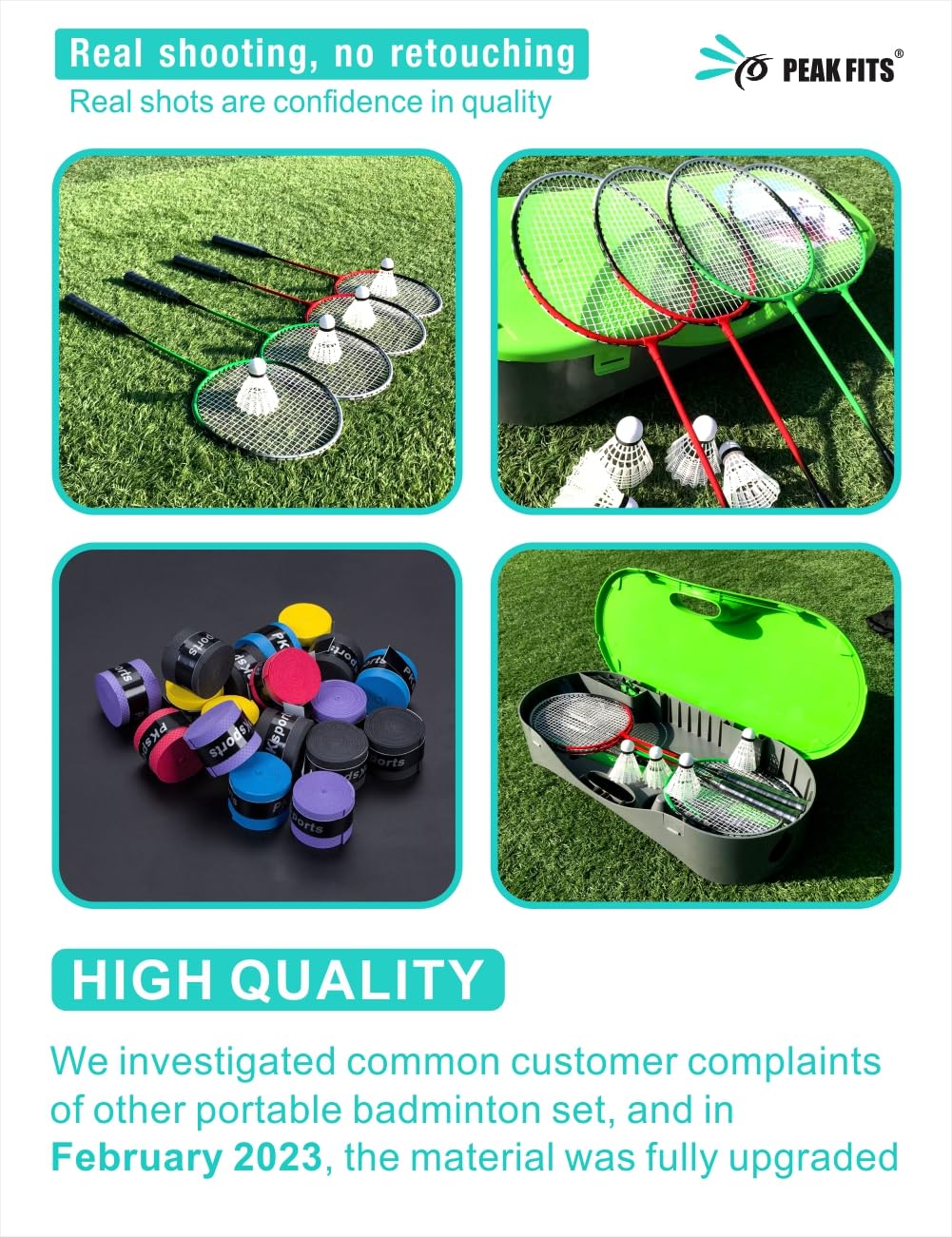Peak Fits Portable Badminton Net Set,Folding Volleyball Badminton Net,4 Professional Graphite Badminton Racket,8 Racket Grip Tape,4 Shuttlecocks,Family Game,Kids Gift,Backyard Sports
