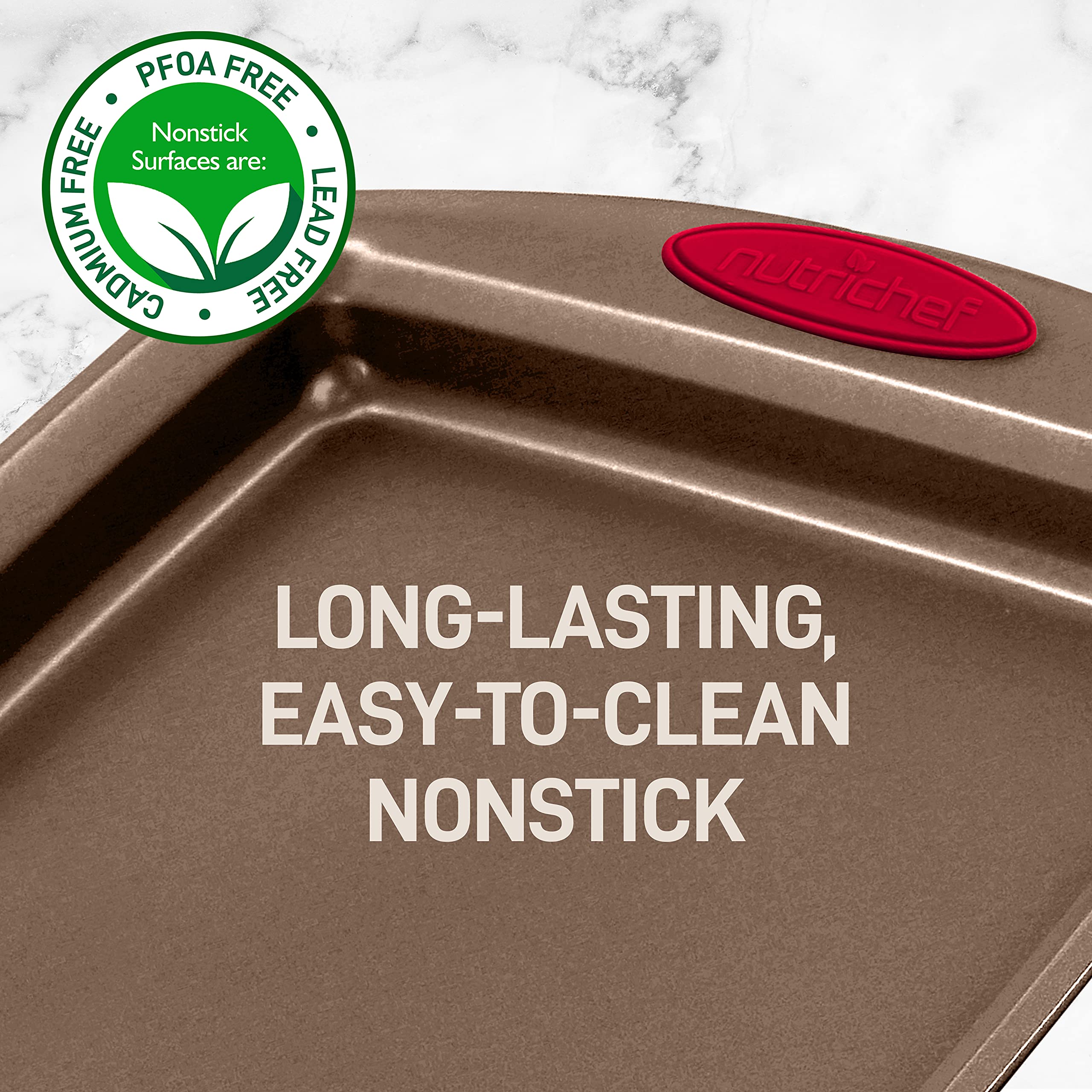 NutriChef 2-Piece Baking Pan Set - PFOA, PFOS, PTFE Free Flexible Nonstick Golden Coating Carbon Steel Bakeware - Professional Home Kitchen Bake Cookie Sheet Stackable Tray w/Red Silicone Handles