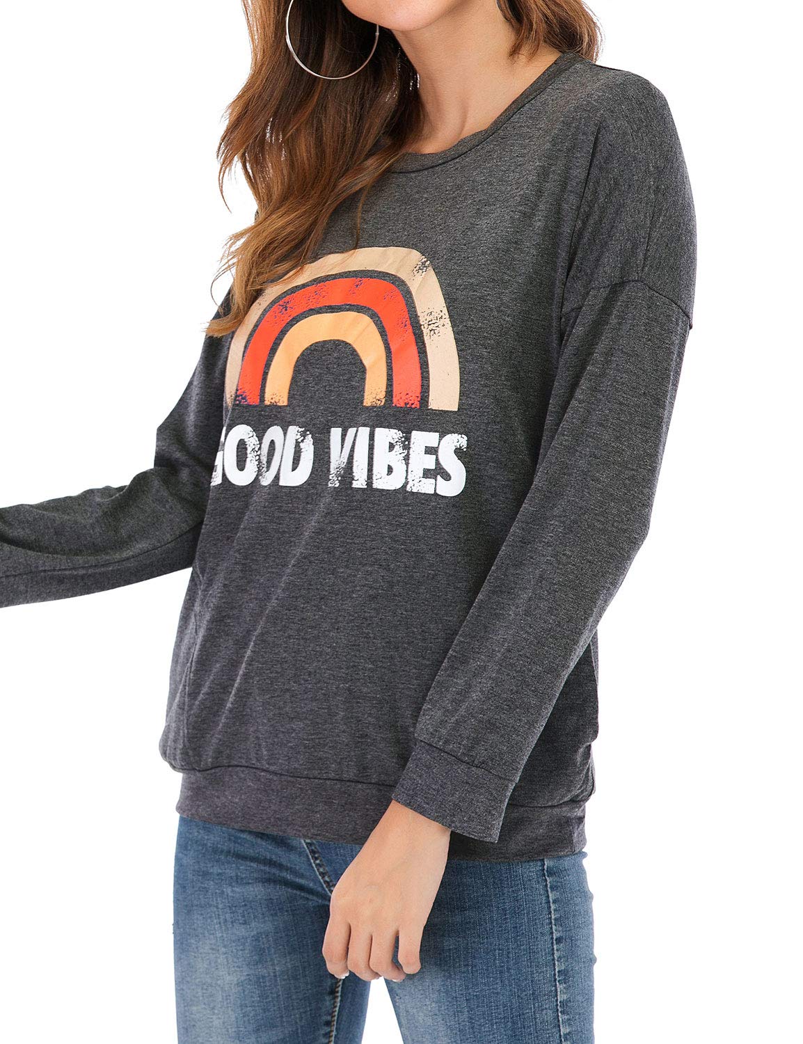 OUNAR Women Good Vibes Loose Fit Sweatshirt Rainbow Graphic Casual Long Sleeve Tops Shirts