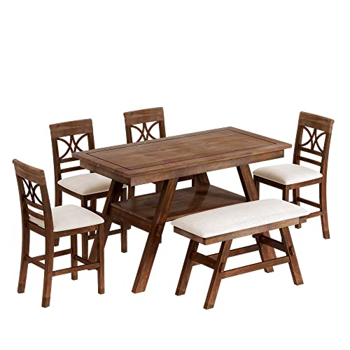 Prohon 6-Piece Rectangular Table with 4 Chairs and Bench, Classic Highly Comfortable Backrest, Solid Wood Dining Furniture Set for Kitchen/Living Room/Apartments, Walnut+Beige