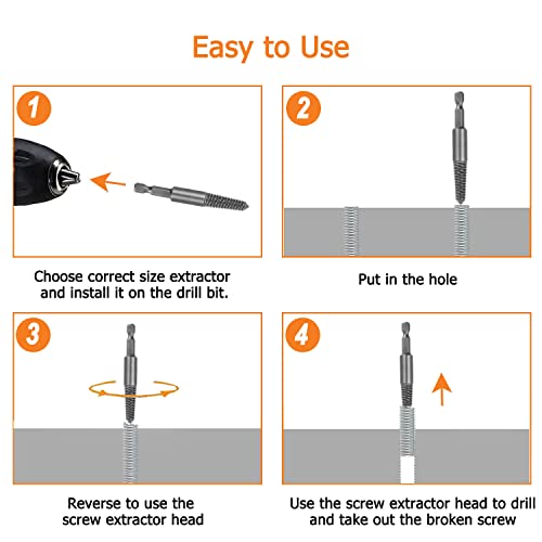 YUENTOEN Stripped Screw Extractor - 5pcs HSS Easy Out Broken Bolt Extractor Kit with Extension Screw Holder, Damaged Bolt Water Pipe Remover Set Power Drill Bit Tool for Screw or Bolt 1/8 to 3/4 inch