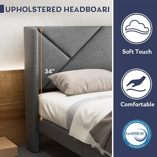 Relyblo King Size Platform Bed Frame with Wingback, Upholstered Bed Frame with Fabric Headboard, Solid Wooden Slats, No Box Spring Needed, Easy Assembly, Dark Gray