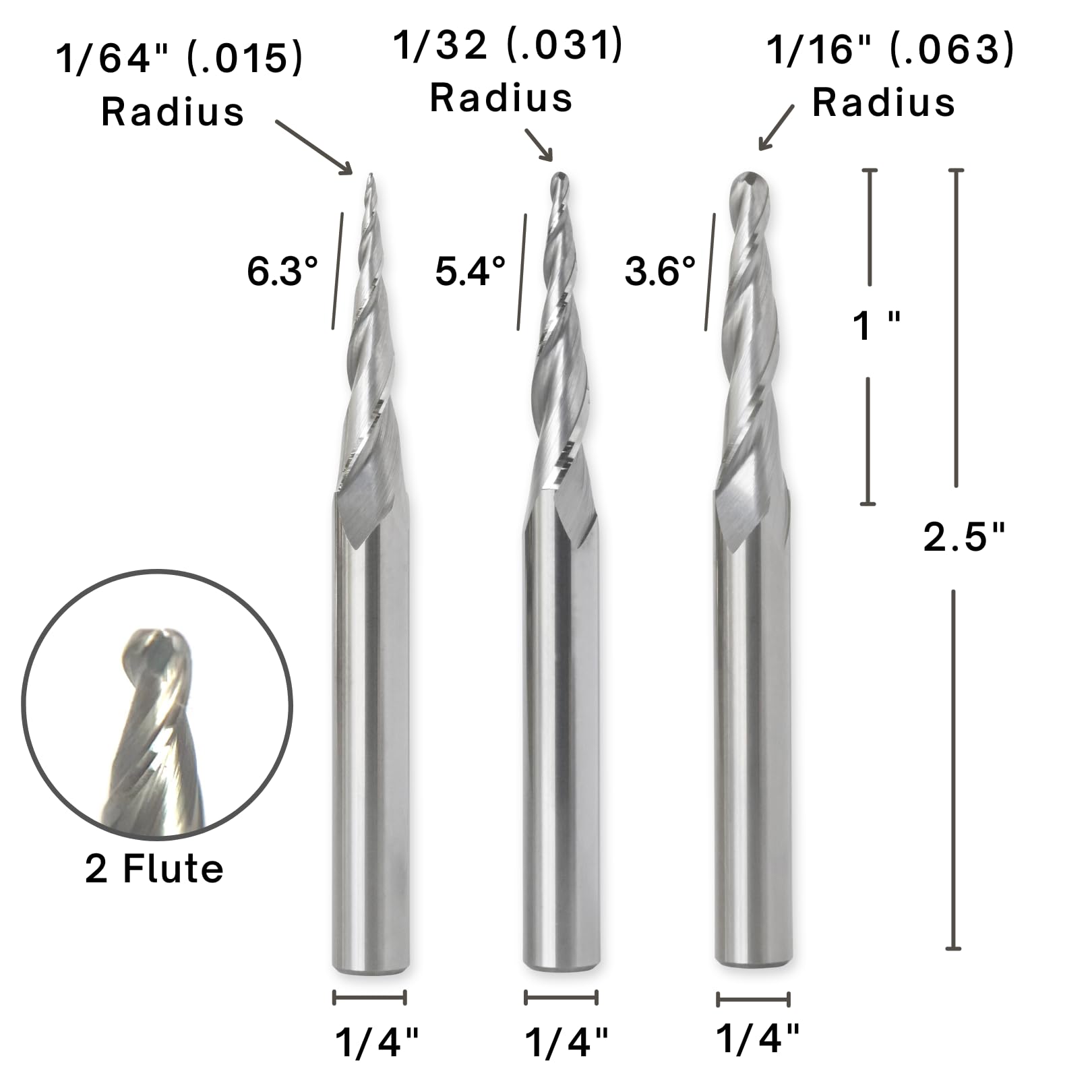 ROUTYBITS - 3 Pcs Tapered Ball Nose Router Bit Set - 1/32โ, 1/16โ, 1/8โ Tip Diameter, 1/4 Inch Dia Shank, Solid Carbide, Spiral End Mills for 3D CNC Carving of Wood, Plastic, Soft Metal