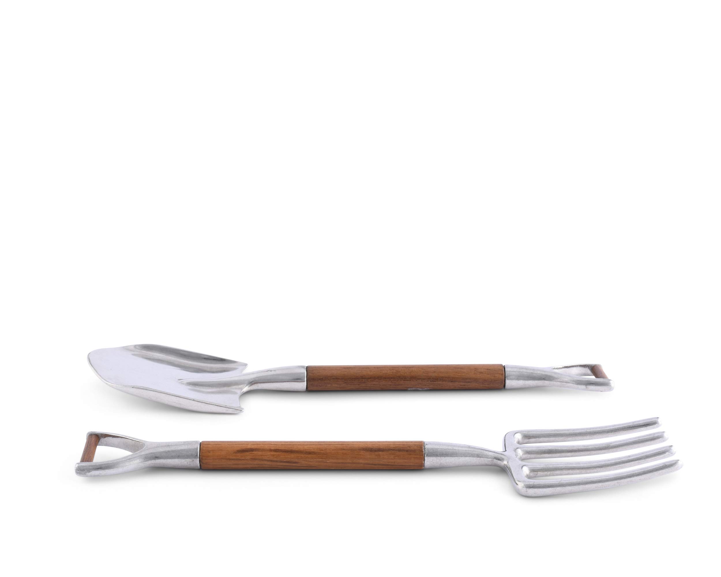 Vagabond House Pewter Metal Fork & Shovel Head with Acacia Wood Salad Serving Set Garden Set Serving Tools 11 inch Long