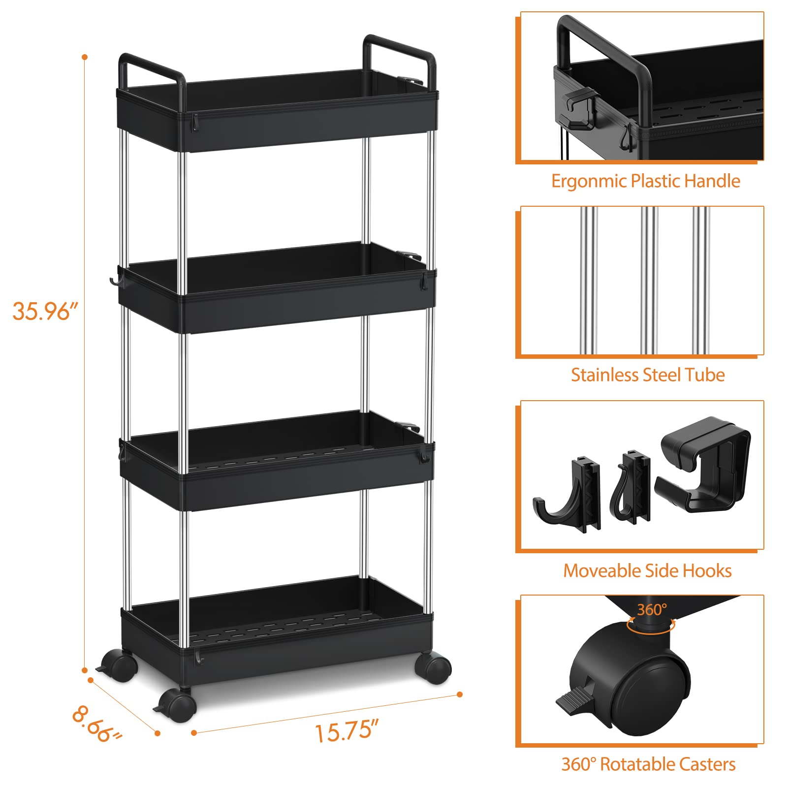 Ronlap 4 Tier Classic Storage Rolling Cart, Thin Storage Cart with Wheels Slide Out Storage Rolling Cart Organizer Plastic Utility Carts for Bathroom Laundry Room Kitchen Office Narrow Place, Black