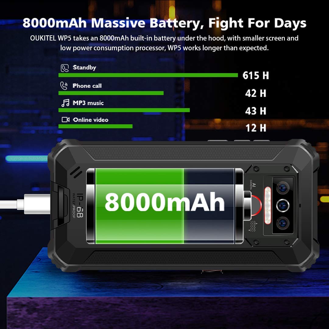 Rugged Cell Phone Unlocked OUKITEL WP5, 8000mAh Battery, Android 10.0 Rugged Smartphone,5.5 Inch 4GB RAM+32GB ROM,IP68 Waterproof Shockproof Phone with 4 LED Flashlights,Triple Camera,Dual SIM 4G