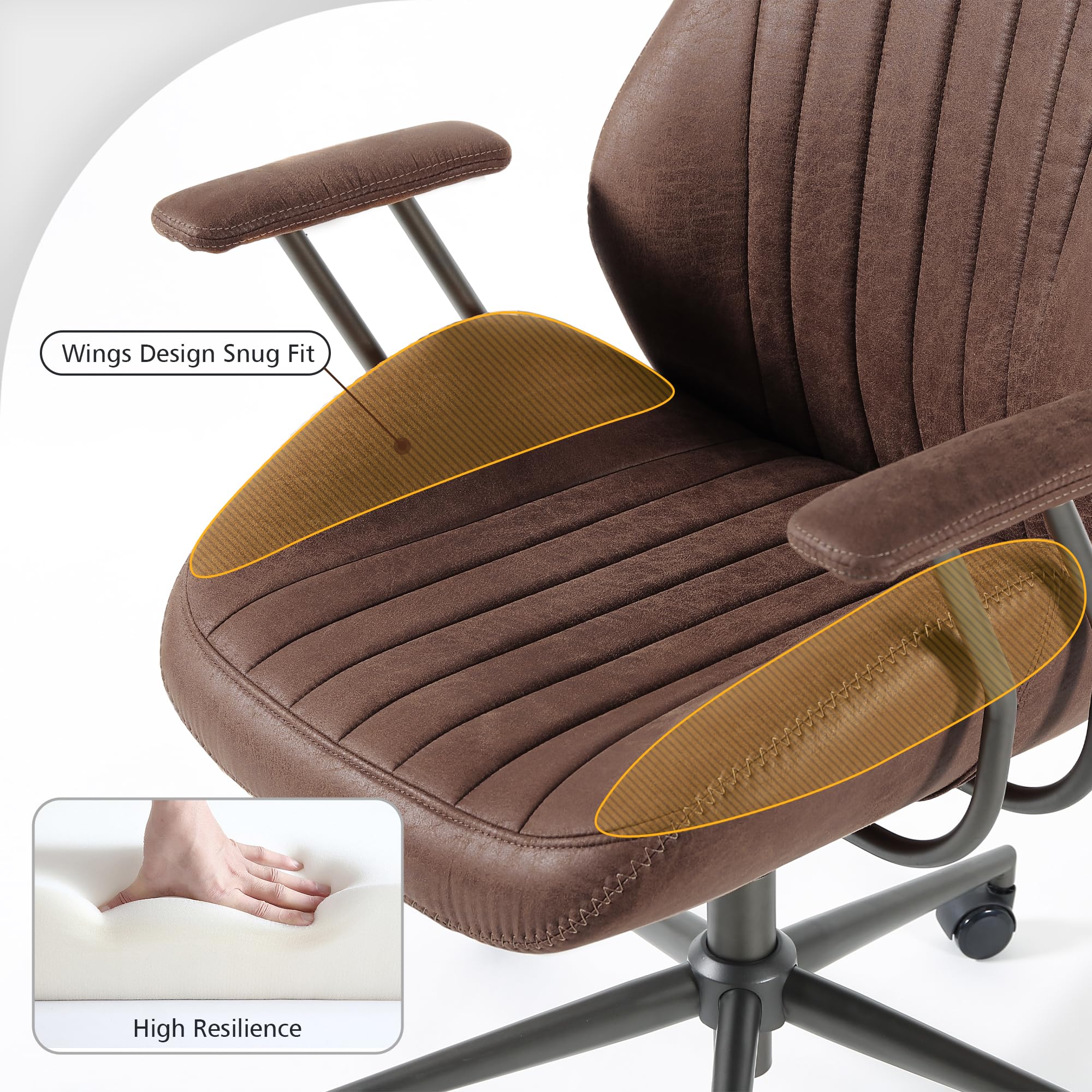 ovios Office Chair, Mid Century Modern Chair with Lumbar Support, Ergonomic High Back Suede Leather Executive Chair with Swivel Rolling Wheels, Dark Brown