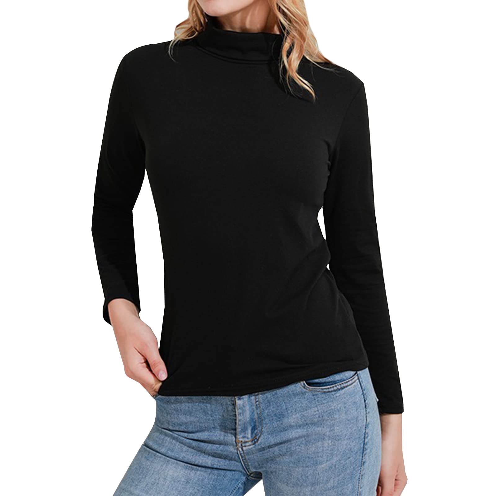 YUZIBAO Women's Long Sleeve Mock Turtleneck Tops Slim Fitted Basic Pullover Tee Tops Layer T Shirts (Black,L)
