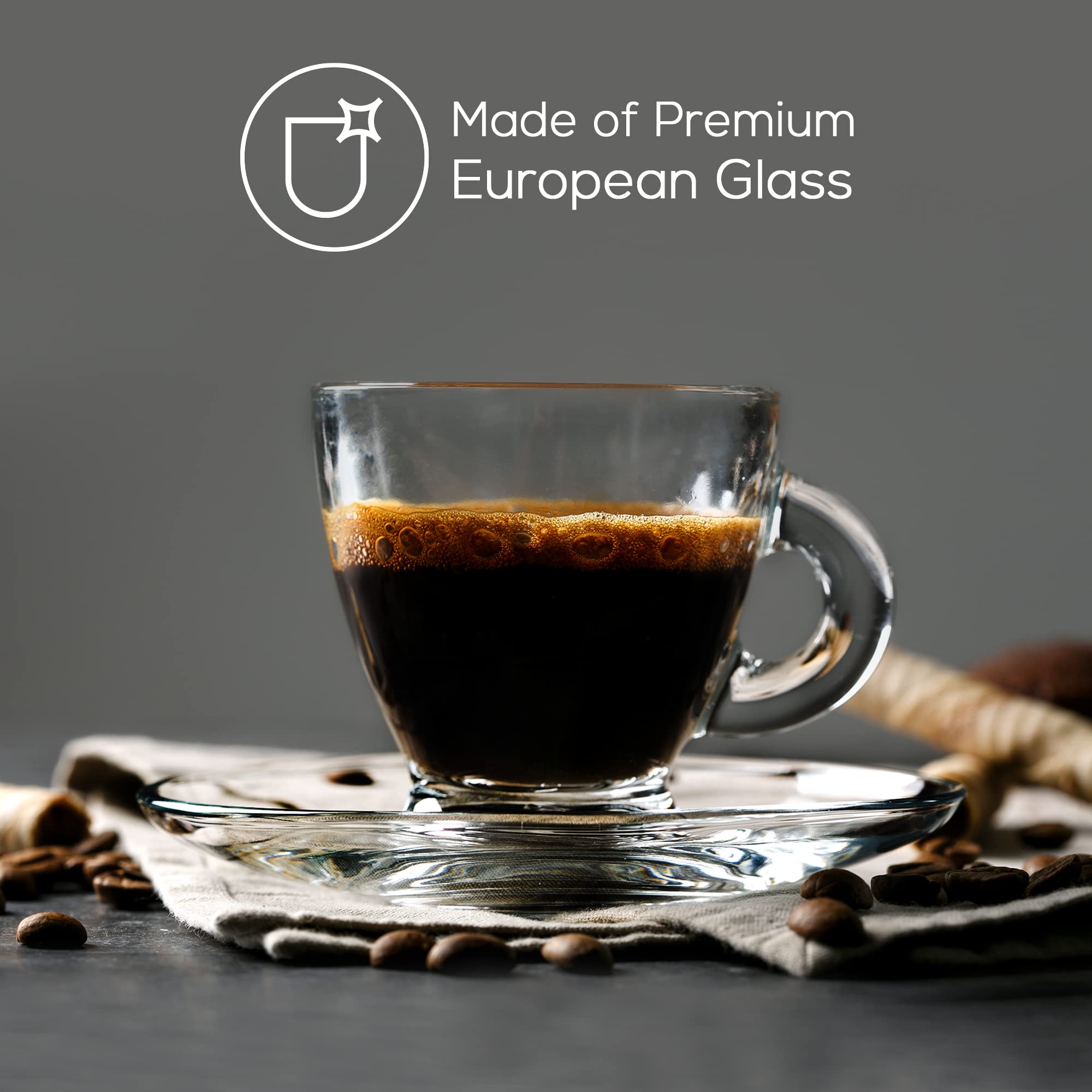 Volarium Espresso Cups with Saucers, Demitasse Clear Glass Drinkware, Set of 6 Cups and 6 Saucers for Turkish Coffee, Tea and Espresso Lover