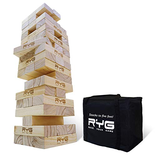 Raise Your Game Giant Wooden Tower (Stacks to a Maximum of 5 feet), Large Tumbling Block Timbers, Wood Stacking Game Jumbo Backyard Set with Carrying Case