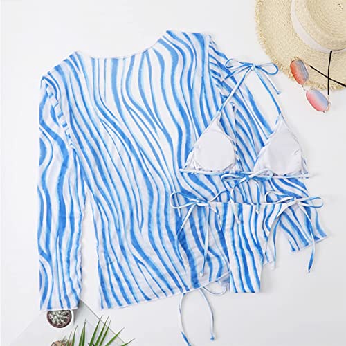 Nhicdns Women's 3 Piece Swimsuits Sexy Triangle Halter Bikini Set Mesh Beach Bathing Suit Cover up Dress Blue Stripe X-Large New