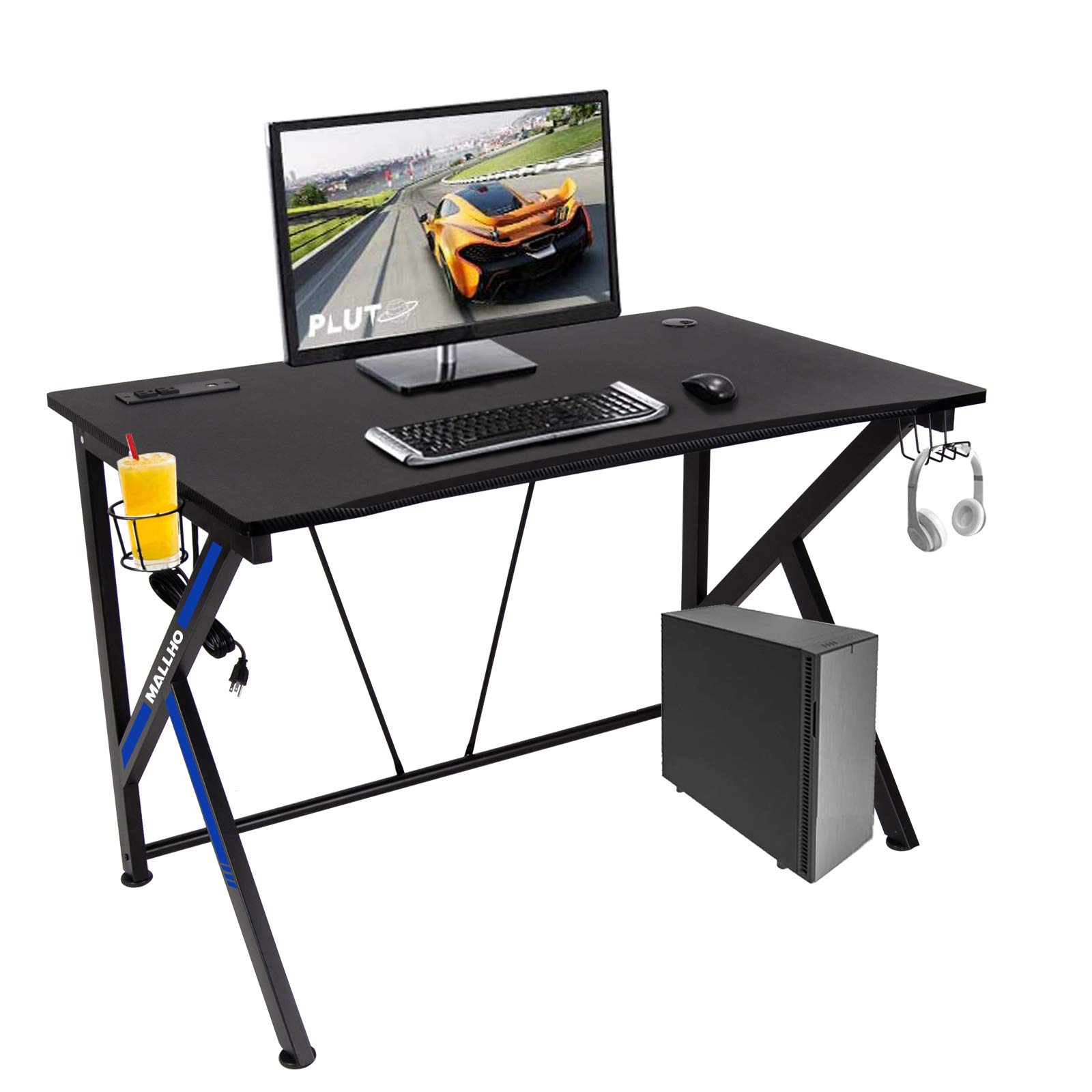 Polar Aurora K-Shaped Gaming Desk 45.1" W x 28.6" D Home Office Computer Table, Black Gamer Workstation with Cup and Headphone Hooks, Cable Management Hole and Built-in Multi-Function Socket(Blue)