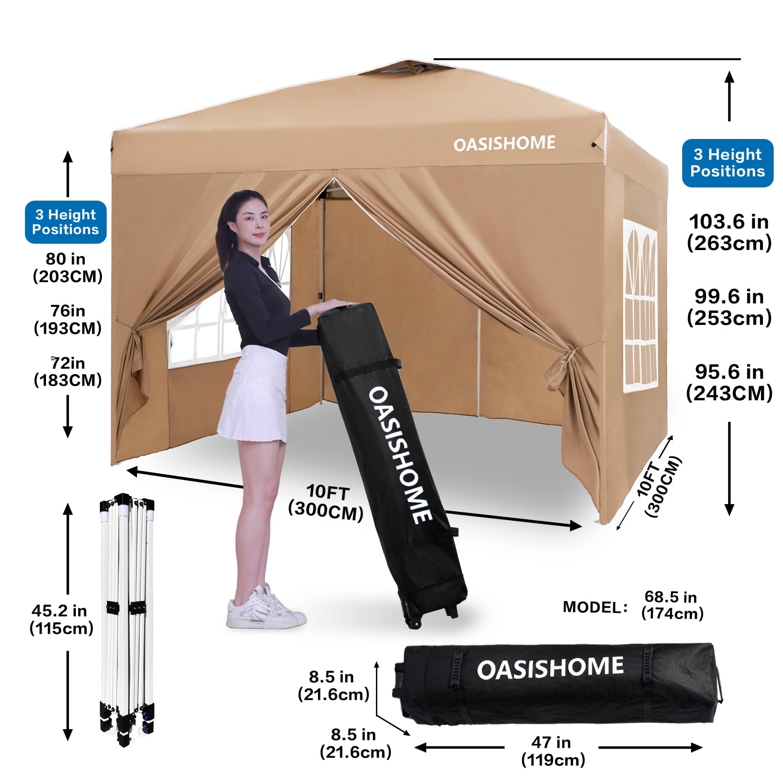 OASISHOME Pop-up Gazebo Instant Canopy Tent 10'x10', with 4 Sidewalls, Windows, Wheeled Bag, for Patio/Outdoor/Wedding Parties and Events (10FTx10FT, Khaki)