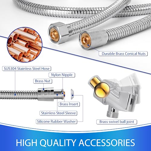 TESECU Turbo Shower Head, Modern Style, 5 Settings, 6 L/min Flow, 360 Rotation, Tool-Free Installation, ABS Material, Stainless Steel Panel, 79" Shower Hose, Bath Ball, Shampoo Comb