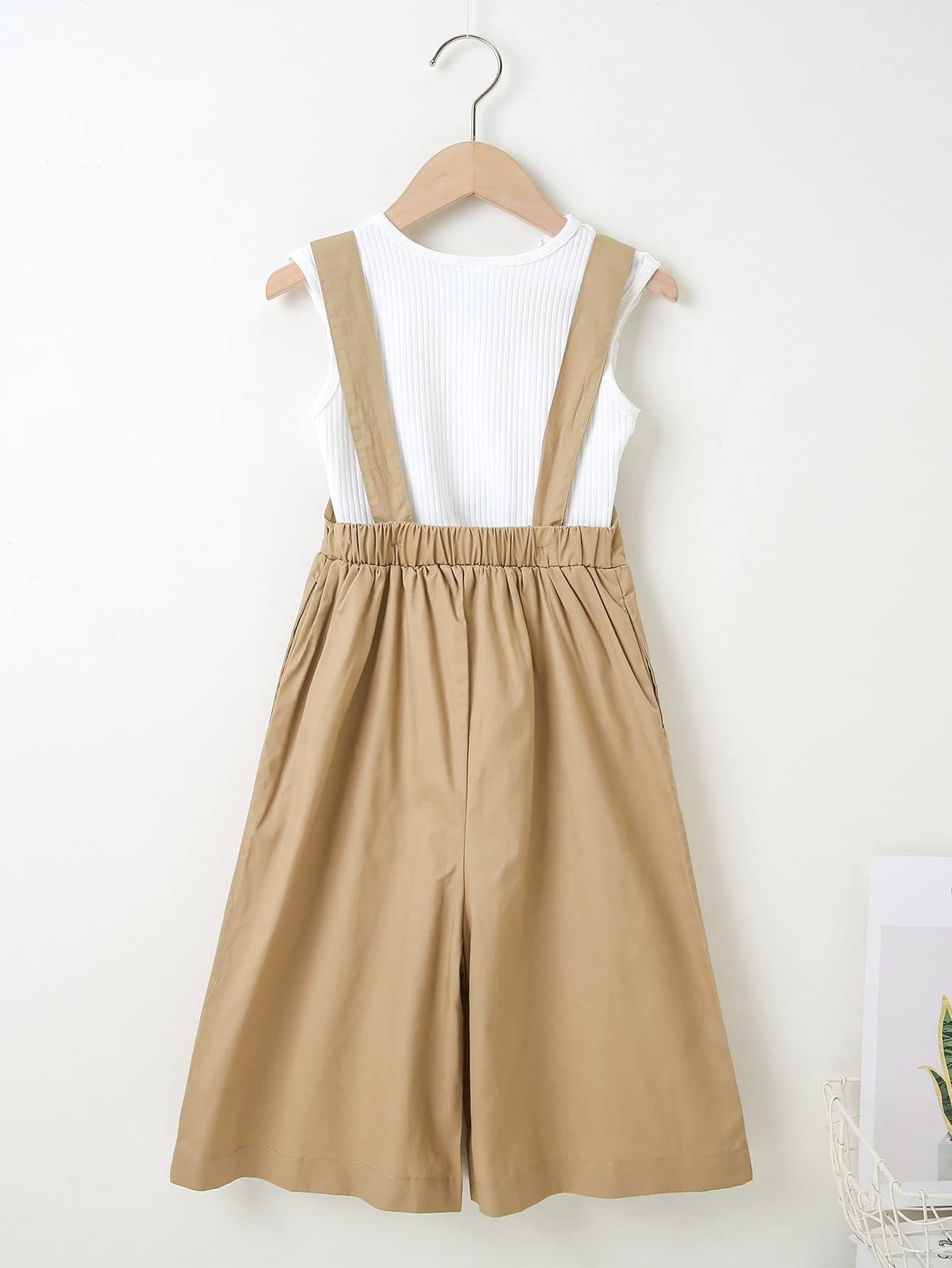 OYOANGLE Girl's Summer Casual 2 Pieces Pants Set Ribbed Tank Top and Overall Jumpsuit Set Khaki and White 150