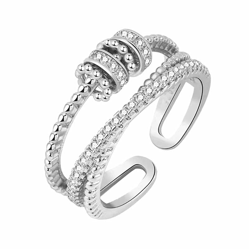 Zircon Transfer Opening Ring Transfer Loop Cross Multilayer Rotating Beads Spinner Ring Three Wire Rotating Adjustable Anxiety Ring for Women Men Birthday Gifts Jewelry-Gold+Silver