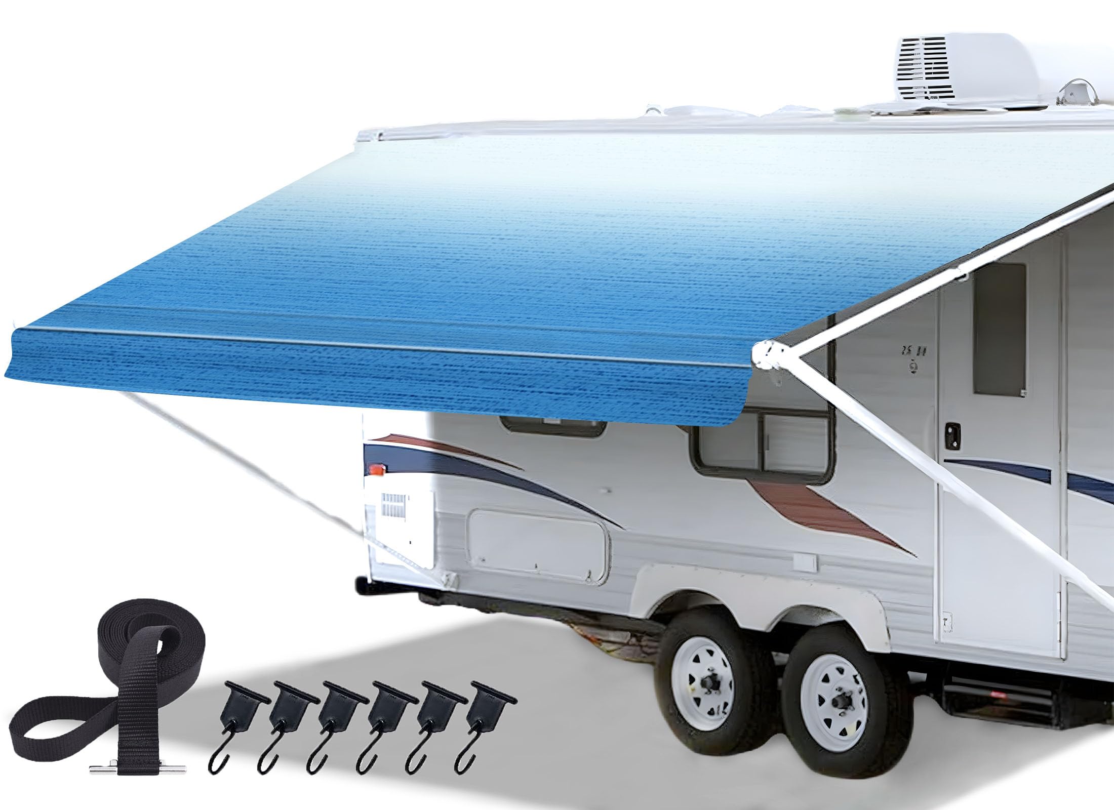 Rengue RV Awning Fabric Replacement 16 FT Vinyl Camper Awning 19oz Heavy Duty Universal RV Canopy Trailer Awnings with Pull Strap and 6 Hooks, Gradient Blue