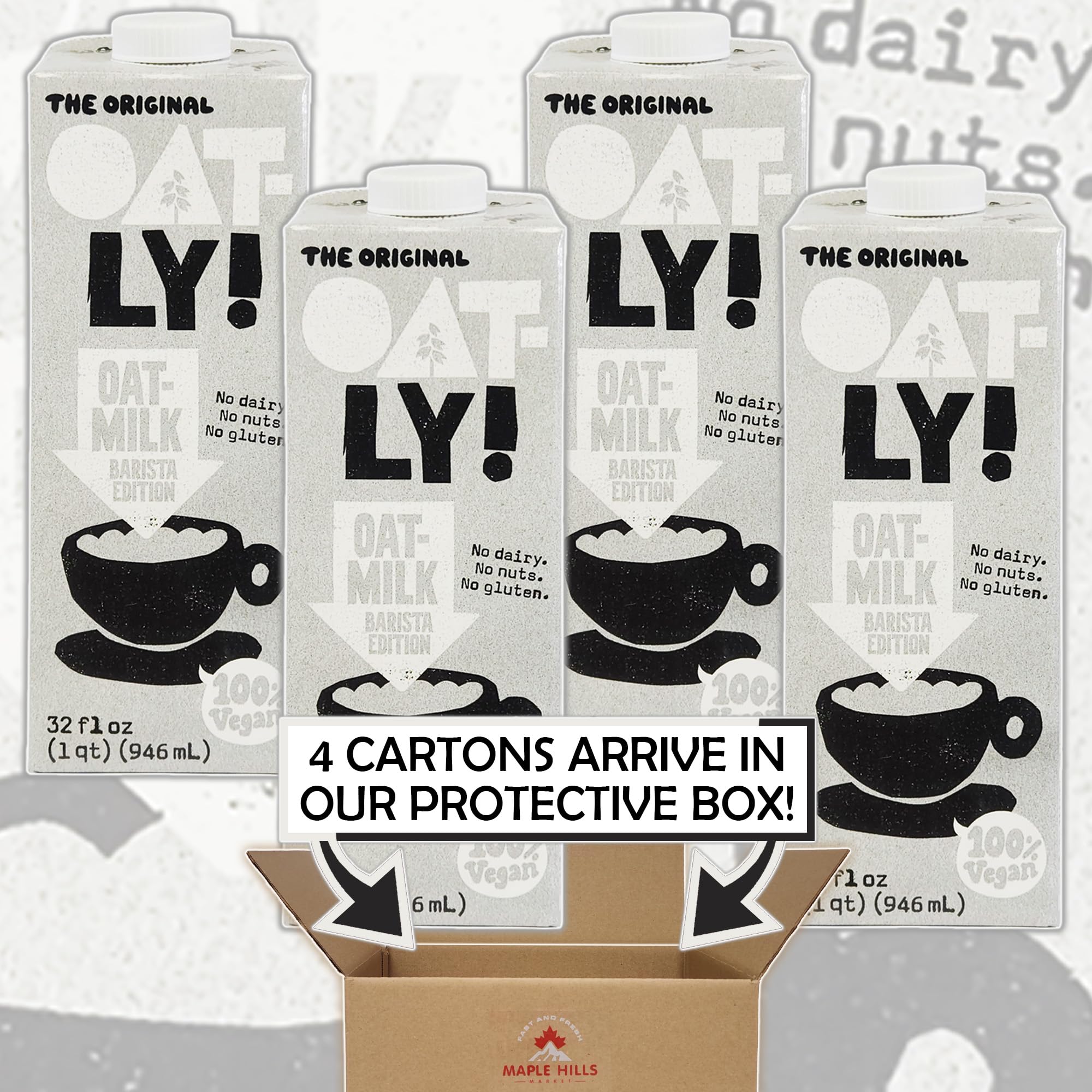 Oatly Original Barista Edition Oat Milk Bulk Pack - 128 ounces - 4 Individually Sealed 32 oz Cartons - No Dairy, Nuts, or Gluten - Perfect foaming for Lattes - In Maple Hills Market Protective Box