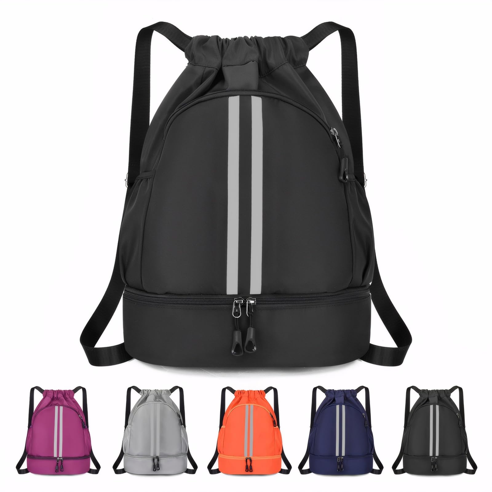 Oziral Drawstring Backpack, Water-Resistant Sports Gym Bag with Shoe Compartment and Two Side Mesh Pockets, String Backpack with Reflective Strip for Men and Women (Grey)