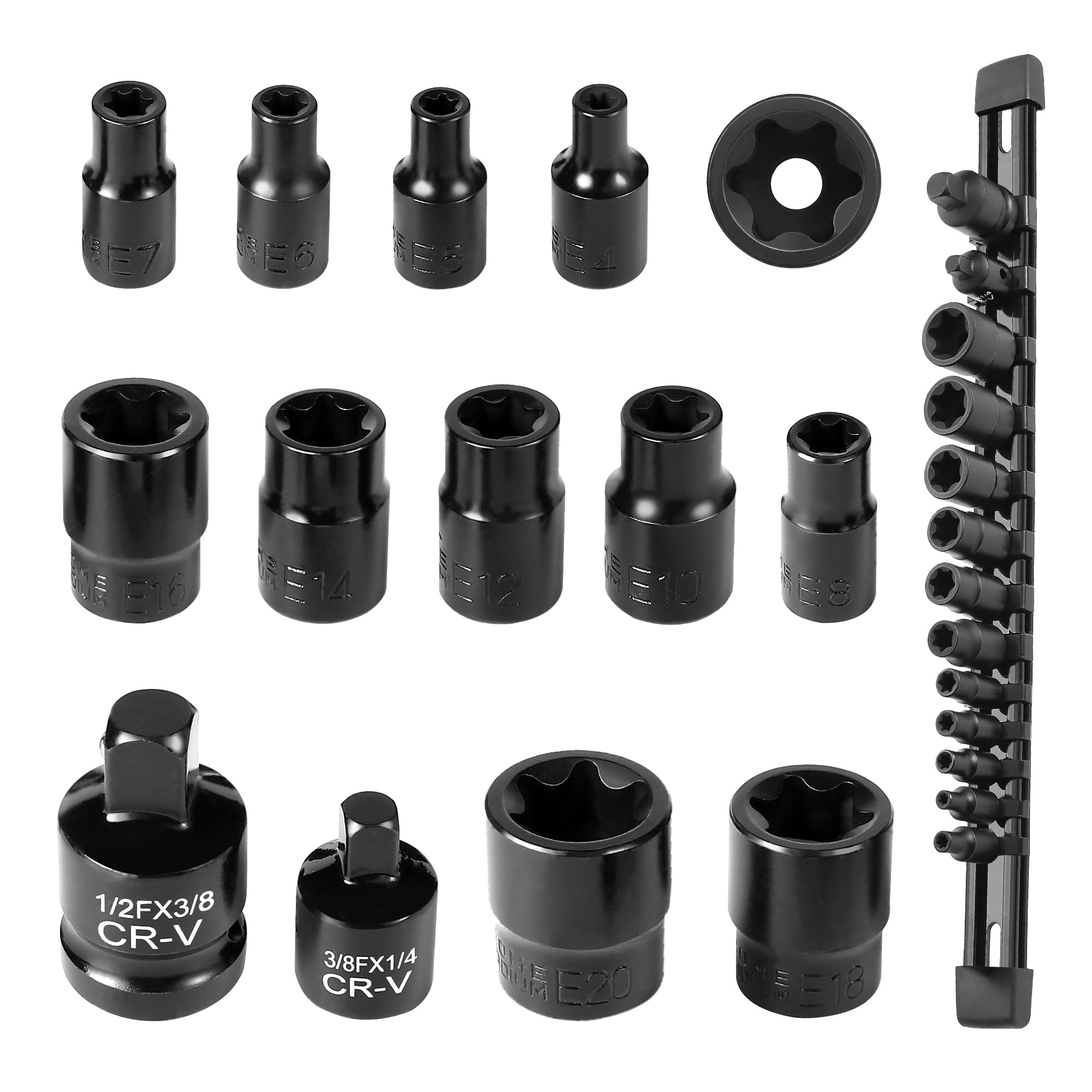 Reniteco 13 PC Female E Torx Star Socket Set with Rail - 11PC Star Socket Set and 2PC Impact Socket Adapter & Reducer Set,E4 - E20 Torque Socket Set