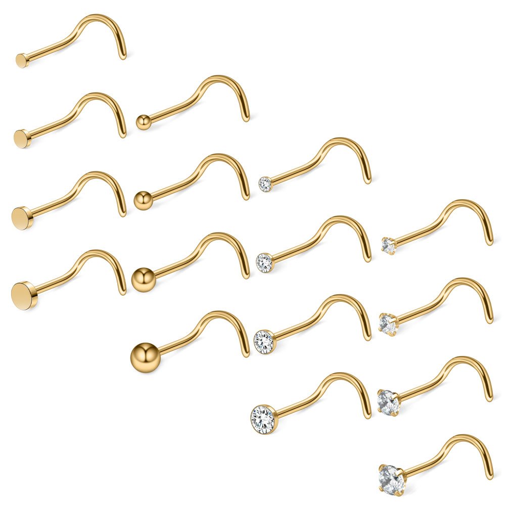 Ruifan 16PCS 20G Surgical Steel 1.5mm 2mm 2.5mm 3mm Top Flat & Ball & Clear Round & Jeweled Clear CZ Curved Nose Stud Ring Screw Piercing Jewelry - Gold