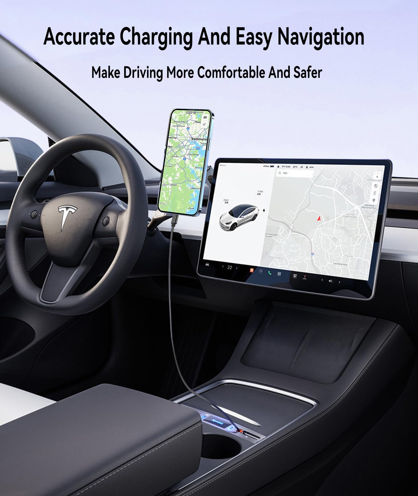 Nycetek Upgraded Tesla USB Hub - QC 3.0 Center Console Fast Charger Adapter for Tesla Model 3/Y (2021-2023) Accessories - 2.6ft Retractable Cables for All Phones