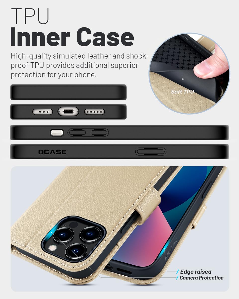 OCASE Compatible with iPhone 15 Pro Max Case Wallet Case, PU Leather Flip Folio Case with Card Holders RFID Blocking Kickstand Shockproof Phone Cover 6.1 Inch 2023, Litchi Apricot