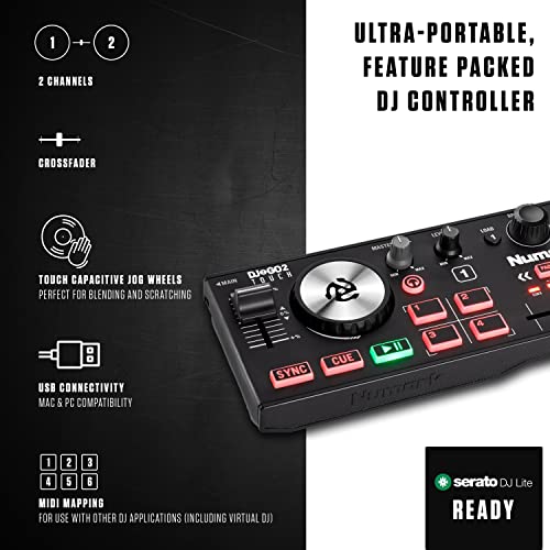 Numark DJ2GO2 Touch β Compact 2 Deck USB DJ Controller For Serato DJ with a Mixer / Crossfader, Audio Interface and Touch Capacitive Jog Wheels,Black