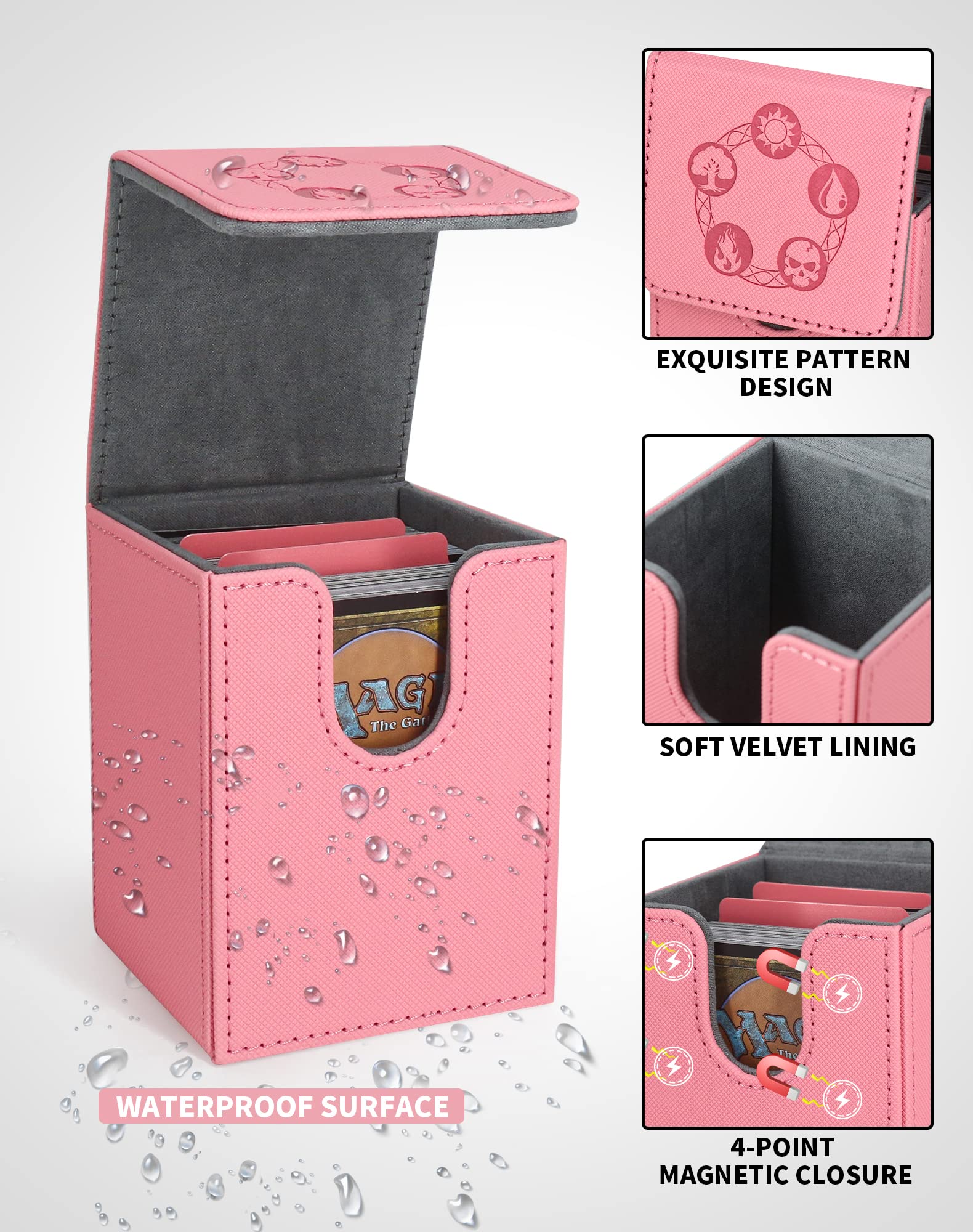 ZLCA Card Deck Box for MTG, Card Storage Box Fits 100+ Single Sleeved Cards, PU Leather Strong Magnet Card Deck Case for Magic Commander TCG Cards (Pink)