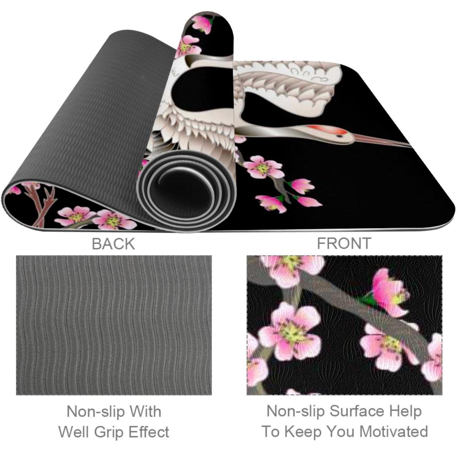 Yoga Mat, Yoga Mats for Home Workout, Workout Mat, Exercise Mats, Pilates Mat, animal bird crane pink flower black pattern