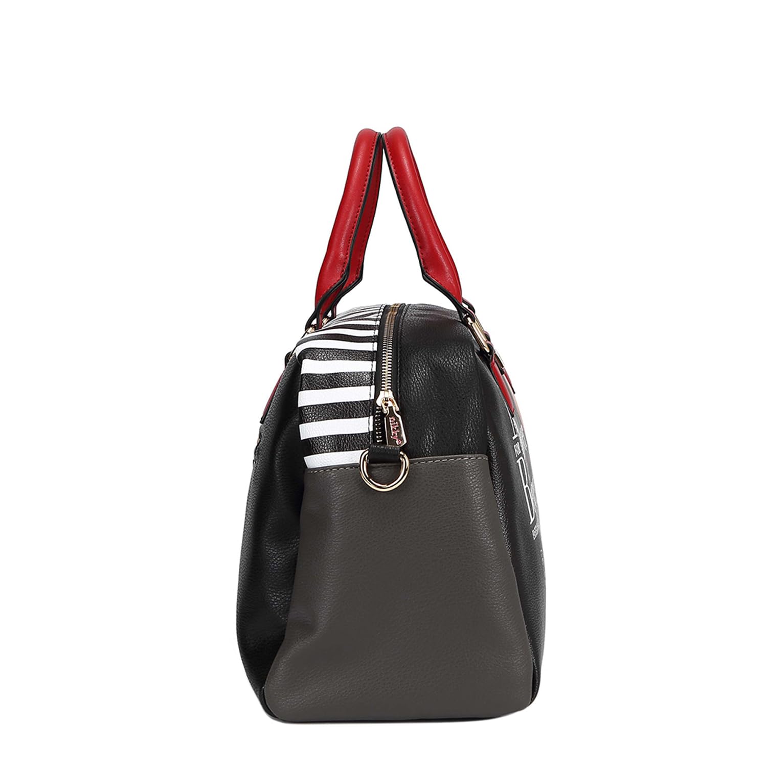 Nicole Lee Nikky Never Be Shy Boston Bag, Medium Vegan Leather Doctor Style Handbag, Black/Red, Kitty Cat Fashion Print