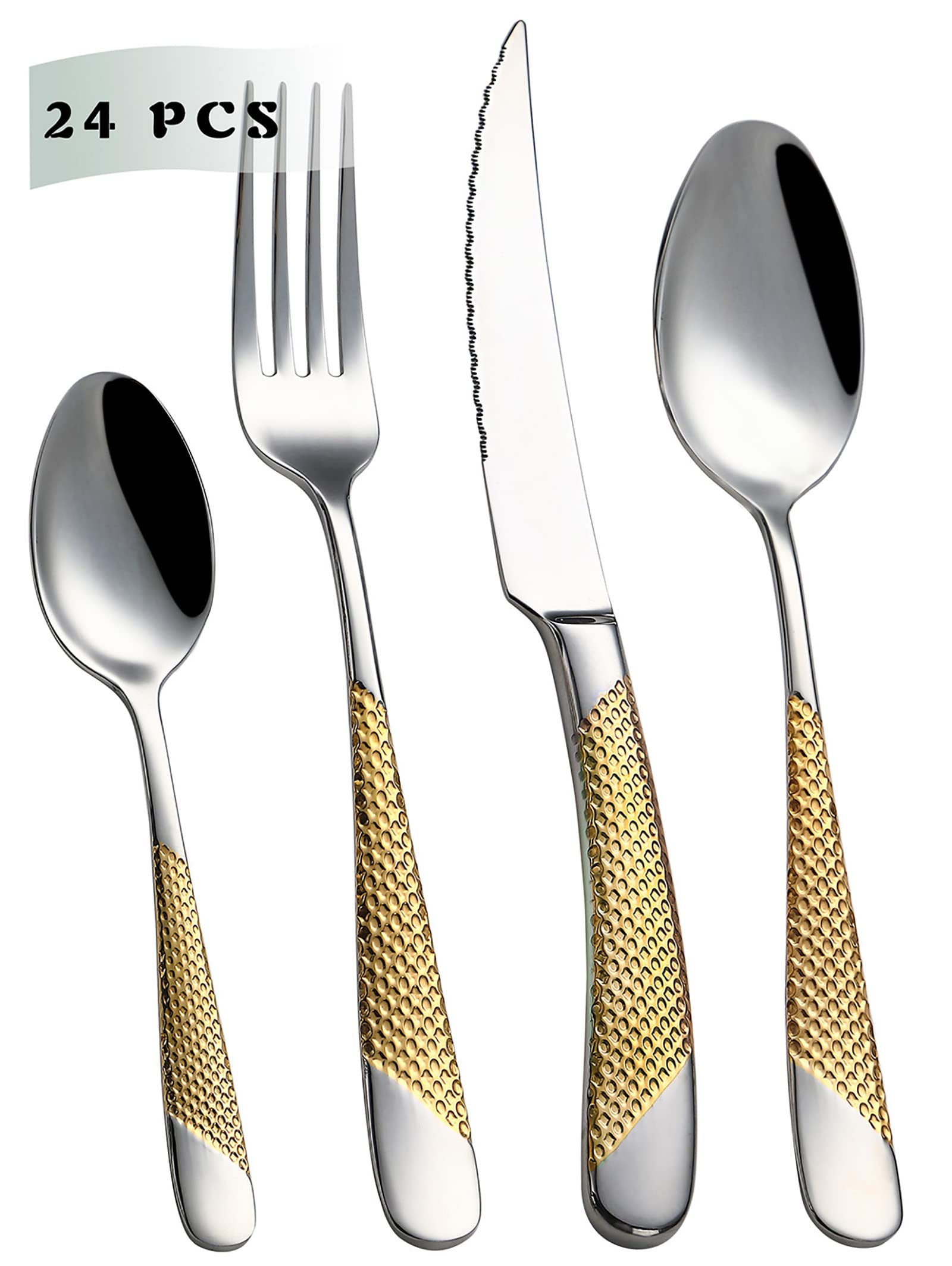 VANDBAO Flatware Cutlery Silverware Set 24 Pieces, Gilding 18/10 Stainless Steel Utensils, Tableware Set Service for 6, Include Knife/Fork/Spoon, Reusable, Mirror Polished, Dishwasher Safe