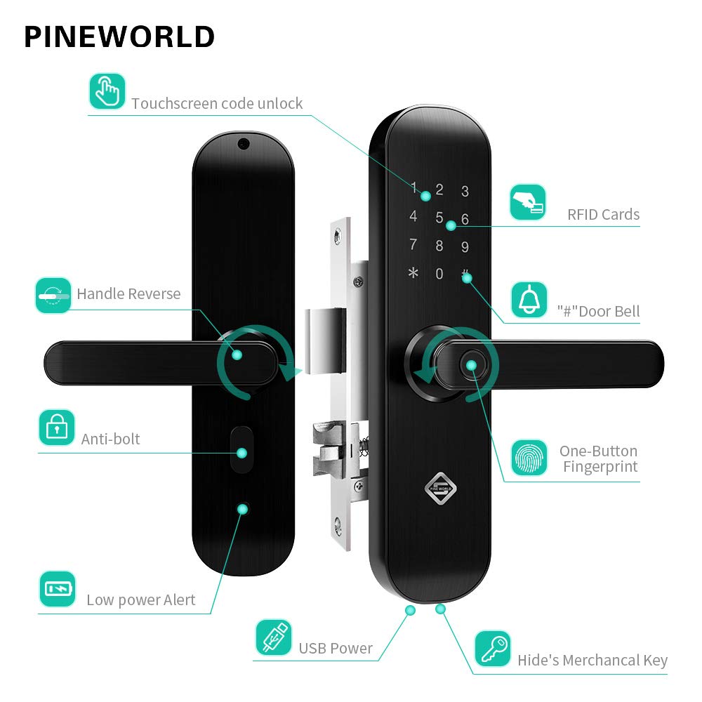 PINEWORLD E202PRO WiFi and Bluetooth Smart Lock, Fingerprint Keyless Entry Door Mortise Lock, App Remotely Control Office Apartment Business Manage Door Lock, Handle Free Reversible