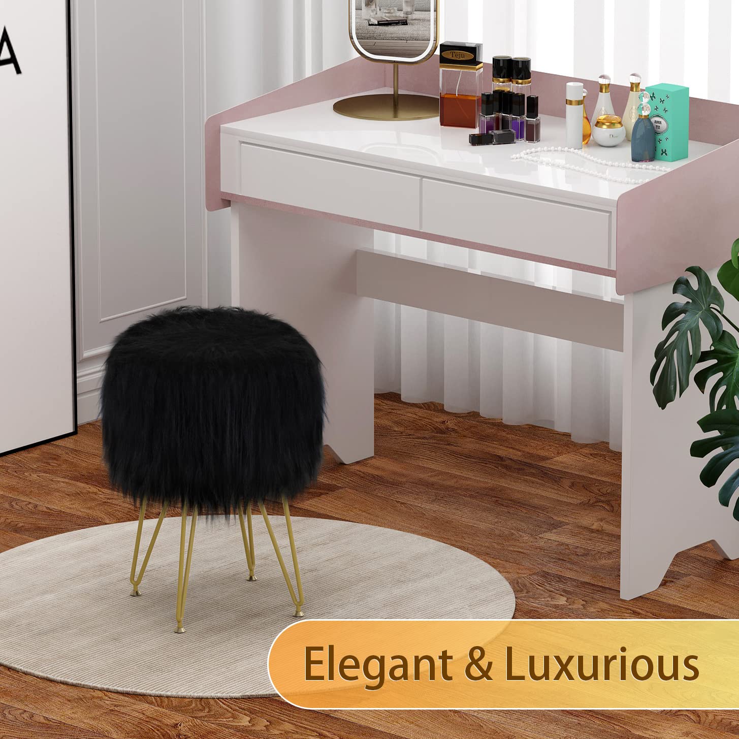 RunLexi Vanity Stool Chair with Storage, Faux Fur Makeup Room Seat Stool, Soft Padded Seat, Round Footrest Footstools with 4 Metal Legs & Adjustable Footings, Vanity, Bathroom, Bedroom Chairs Black