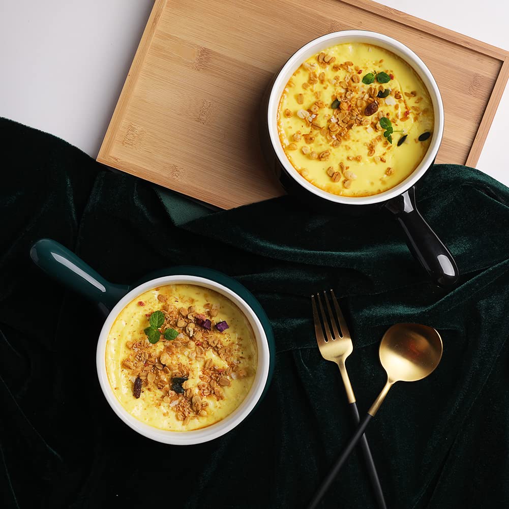Sweejar Porcelain Soup Bowls with Handle, 22 OZ Ceramic Serving Crocks for French Onion Soup, Pumpkin Soup, Oatmeal, Stew, Dishwasher and Microwave Safe, Set of 4 (Jade)